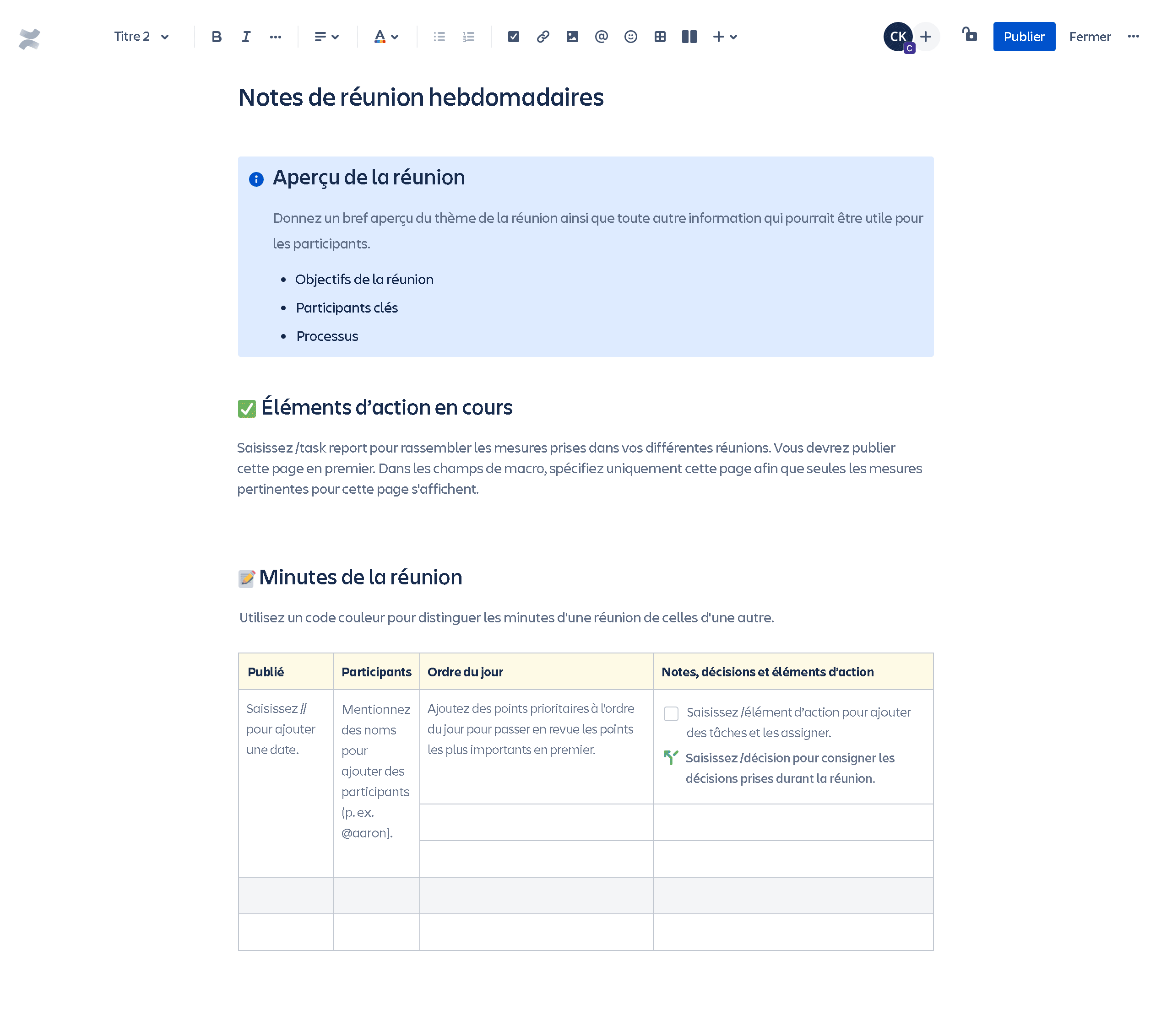 Modèle de notes de réunion hebdomadaire | Atlassian