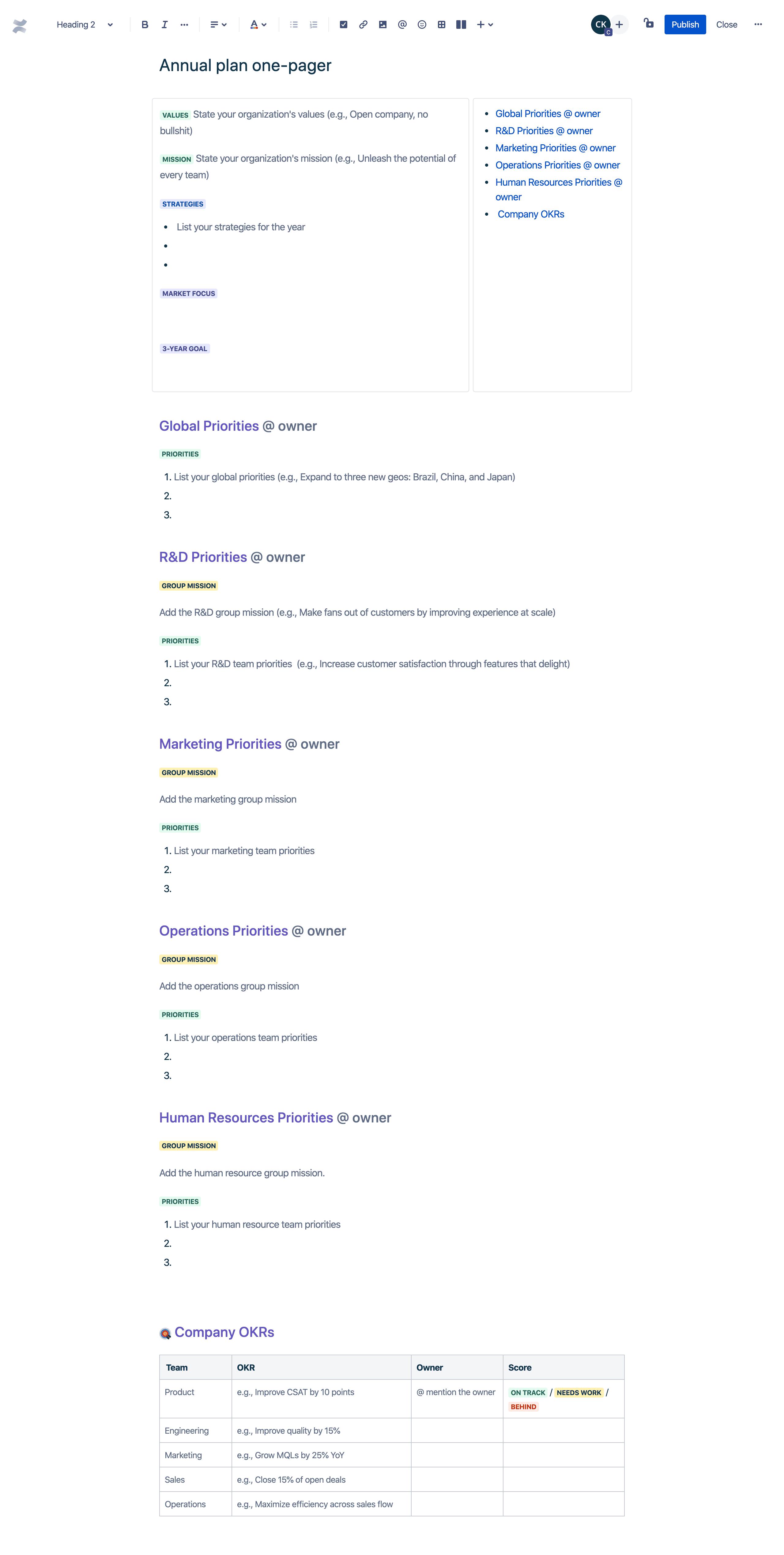 Шаблон одностраничника годового плана Atlassian