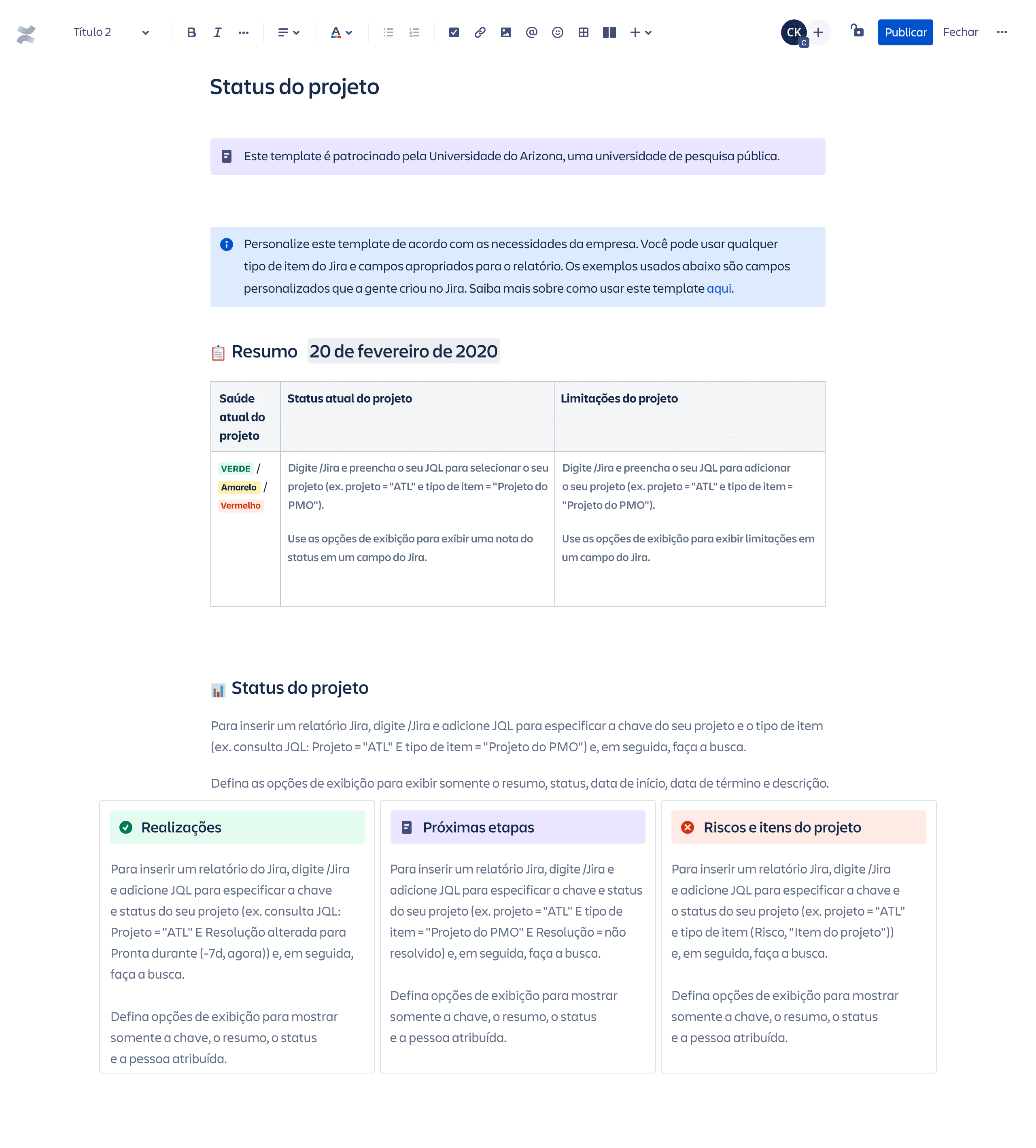 Template de status do projeto | Atlassian