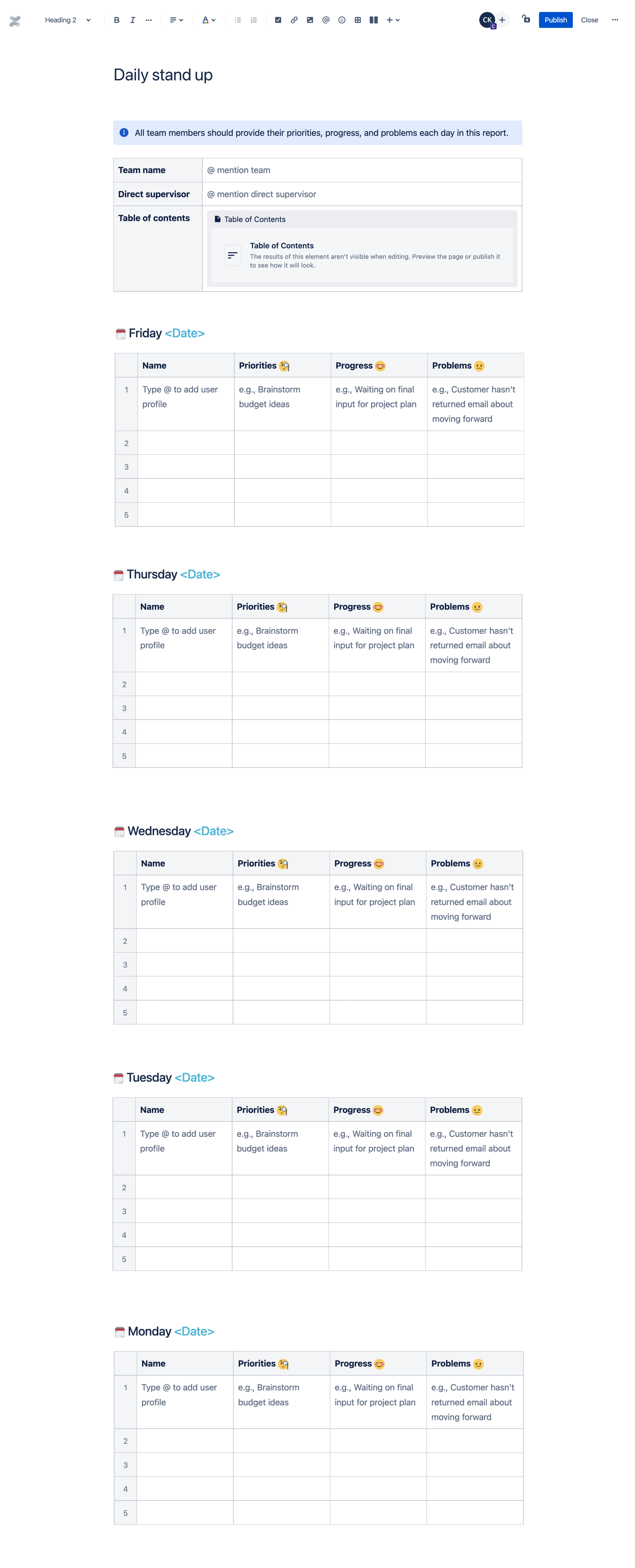 Daily stand up template | Atlassian Daily stand up template | Atlassian