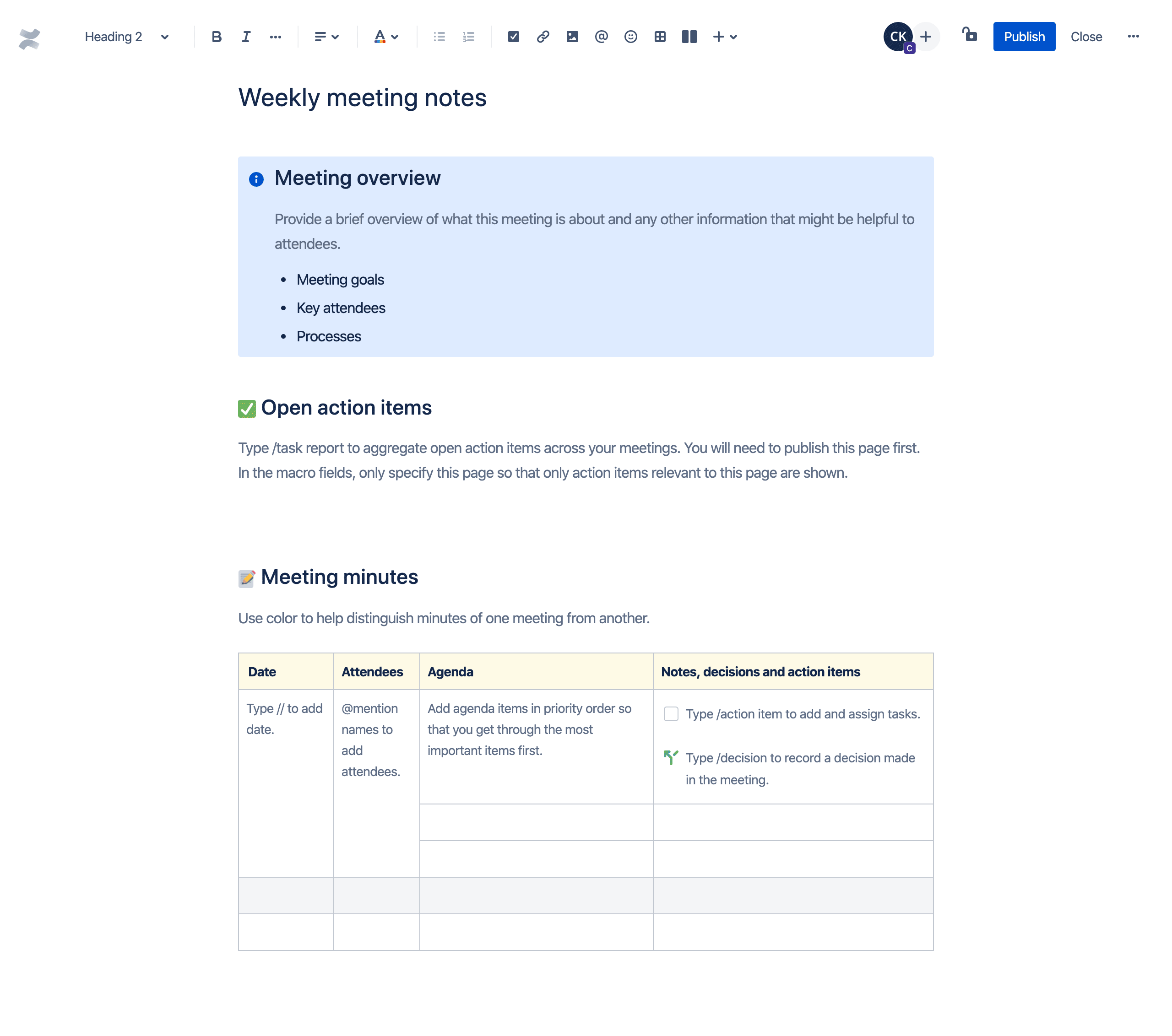 Modèle de notes de réunion hebdomadaire | Atlassian