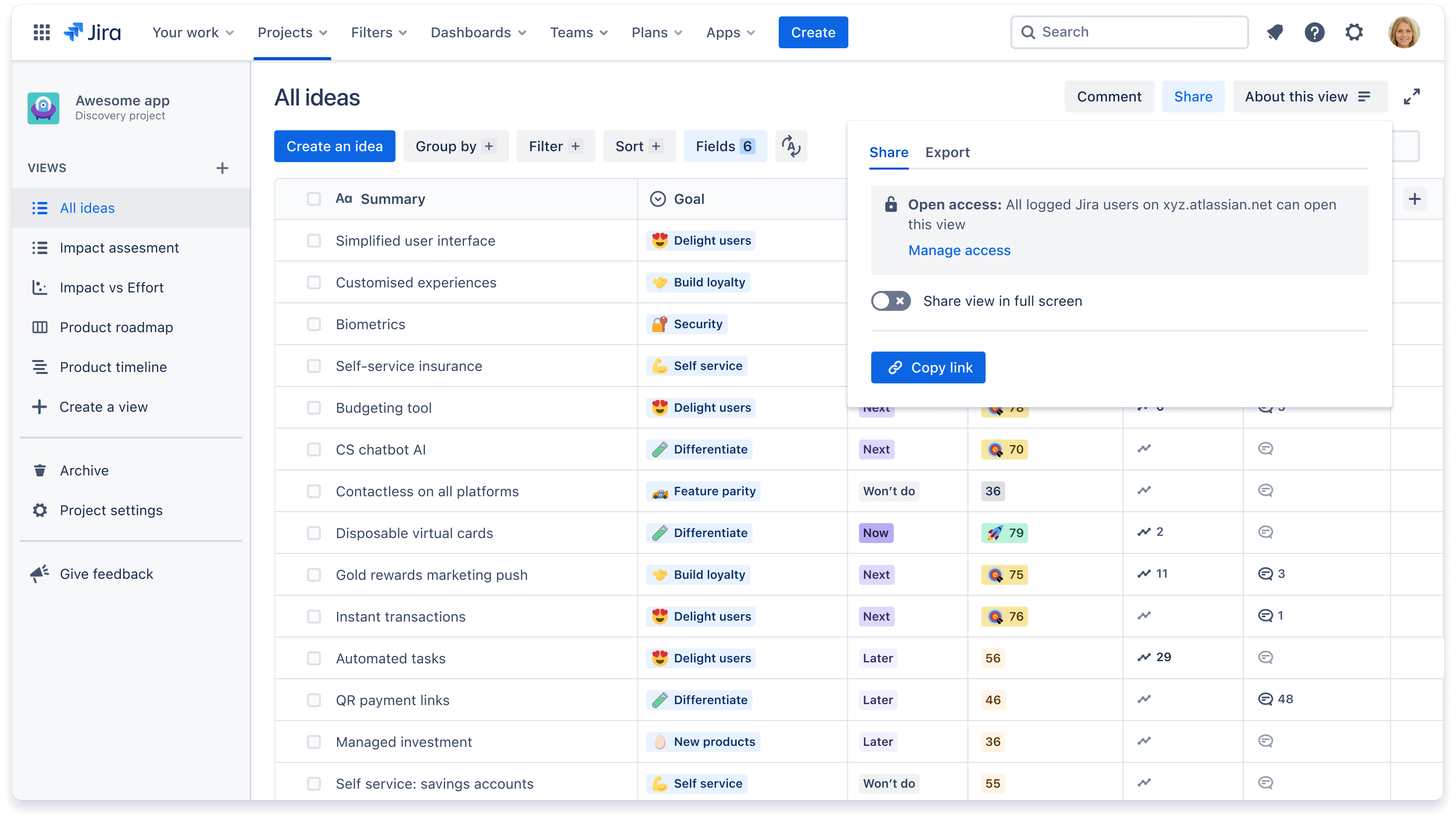 Знакомство с представлениями в Jira Product Discovery