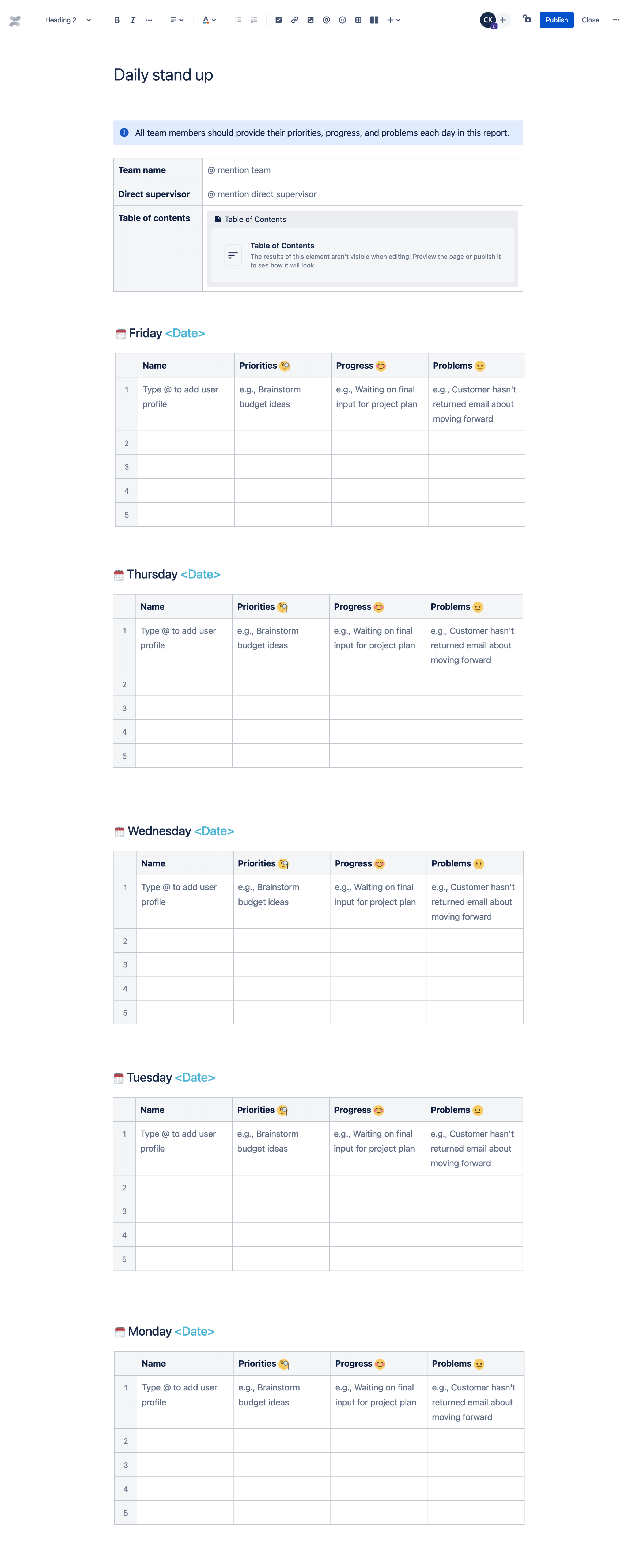 Daily stand up template | Atlassian
